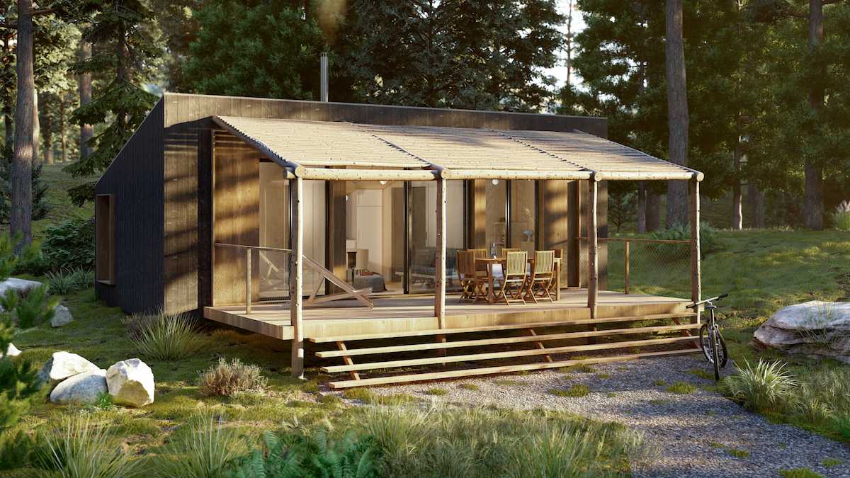 Construction of a yakisugi house with wooden hut inspiration